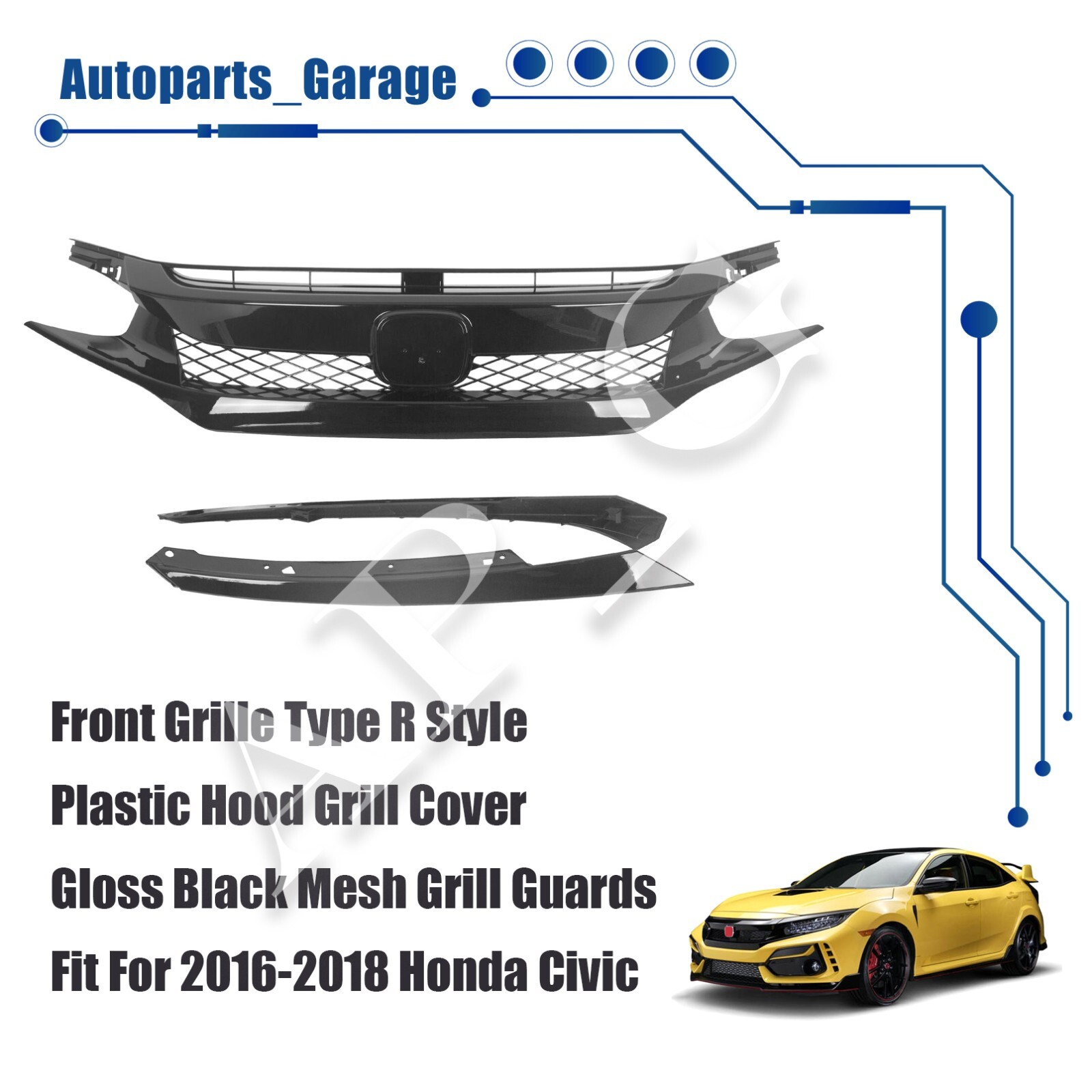 For 2016-2018 Honda Civic Front Grille Type R Style Hood Grill ...