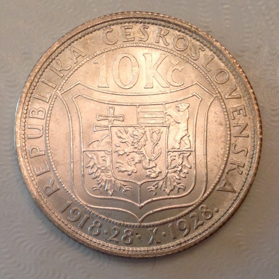 ~1928 Czechoslovakia 10 Korun Silver World Coin-10th Anniversary of ...