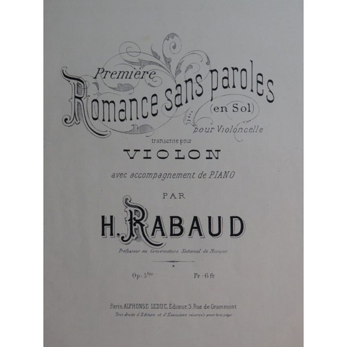 RABAUD Henri Romance sans Paroles No 1 Piano Violon ca1867 | eBay