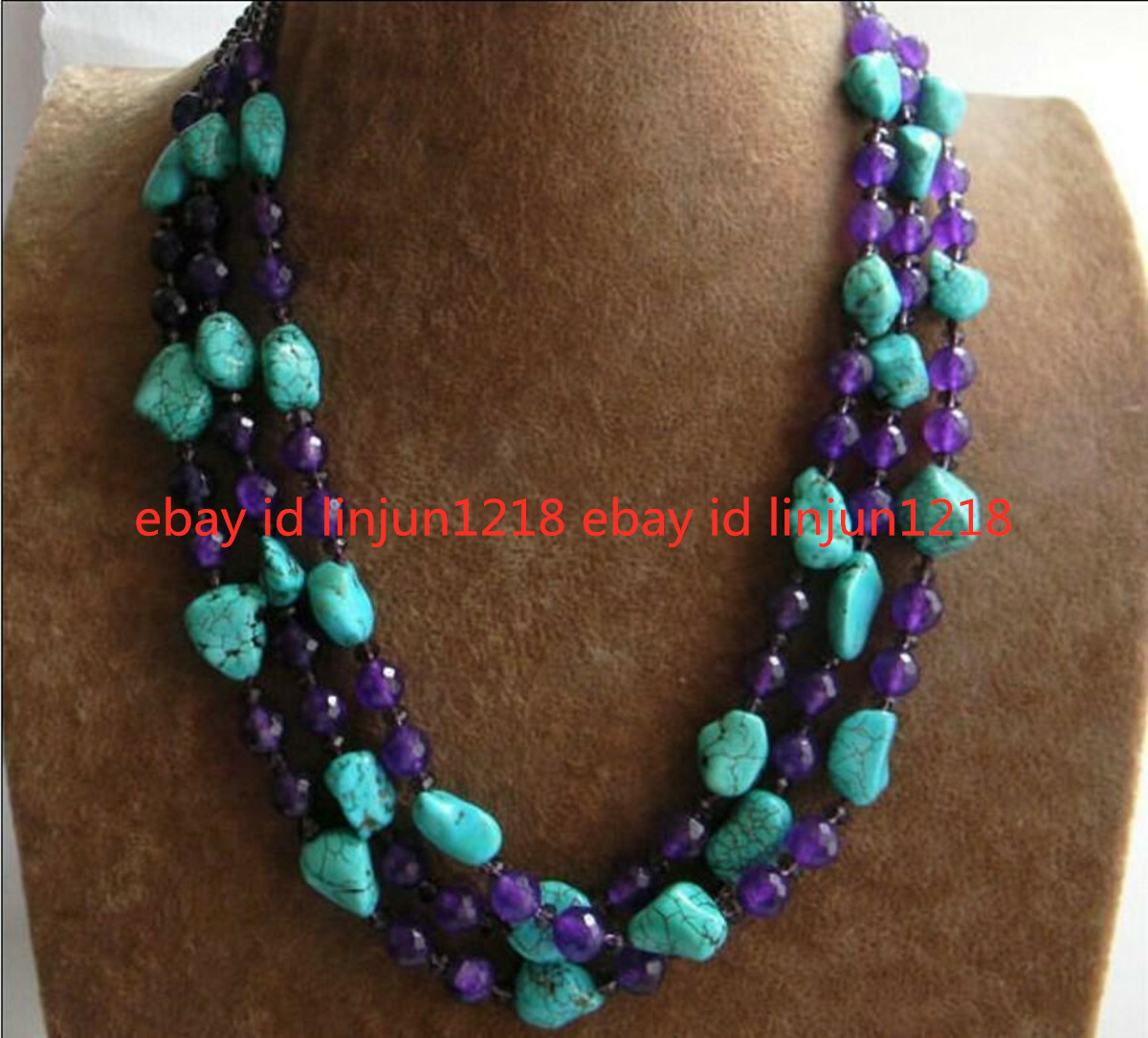 Nugget Turquoise & Faceted Purple Amethyst & Crystal Beads Necklace ...