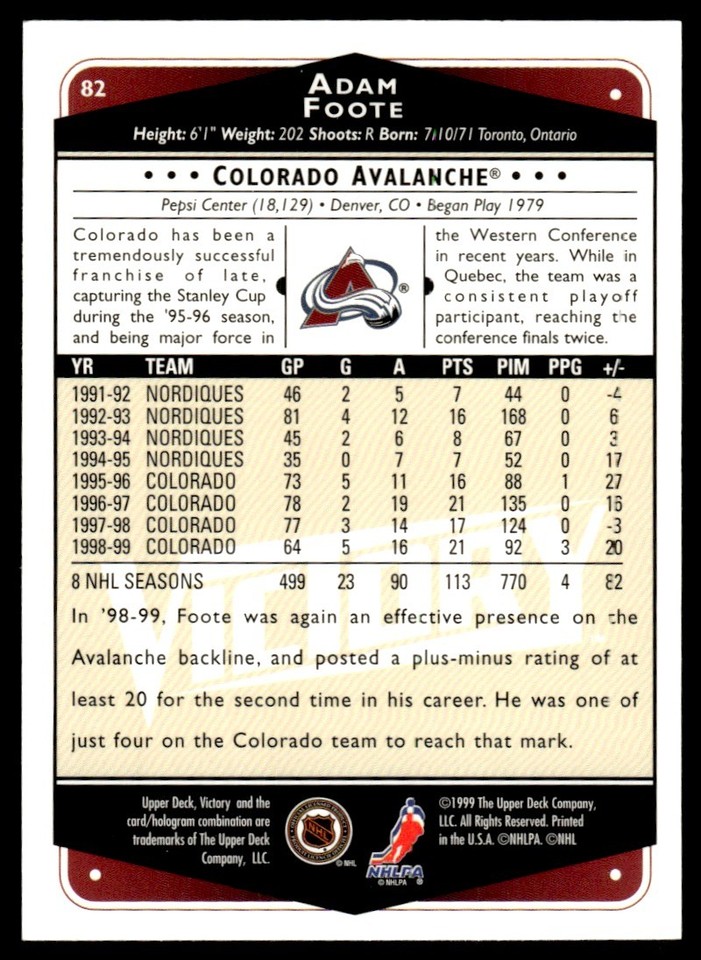 1999-00 Upper Deck Victory Adam Foote Colorado Avalanche #82 | eBay UK