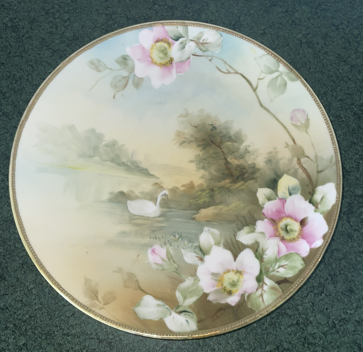 Antique Hand Painted Nippon Plate With Swan Scene Blue Maple Leaf C ...