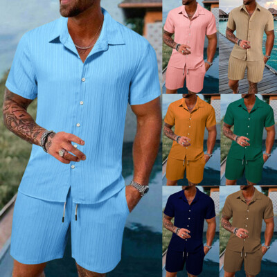 2SET Mens Cotton Linen Set Short Sleeve Button Shirt Shorts Suit Summer ...