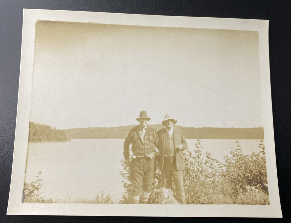 1920s Men & Dog by the Lake Landscape Trees Sky Water Guys Original ...