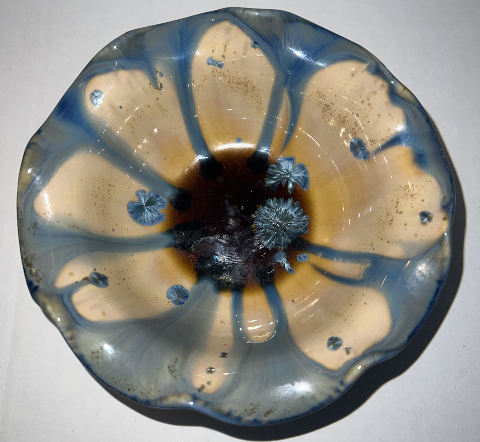 EDGECOMB Pottery Maine Teal Blue Yellow Floral Fluted Edge Drip Glaze ...