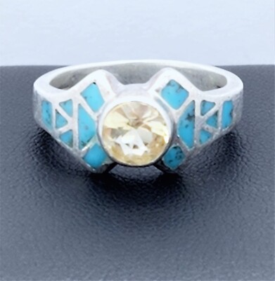 Vintage David Freeland Jr Yellow Beryl and Turquoise Inlay Sterling ...