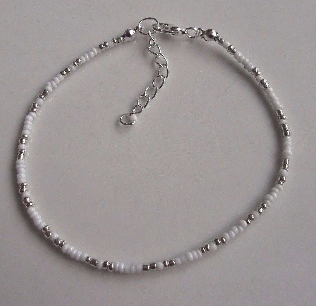 White and silver glass seed bead anklet ankle bracelet large plus size ...