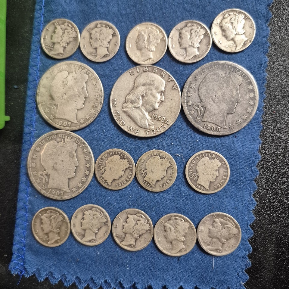 Mix Lot -3 Barber Halves, 1 Franklin Half, 3 Barber Dimes, 10 Mercury ...