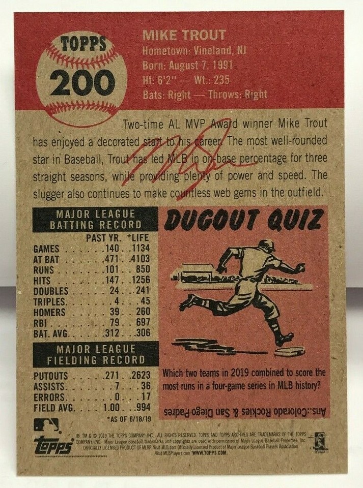 Mike Trout 2019 Topps Baseball Living Set #200 - LA ANGELS - SP /22017 ...