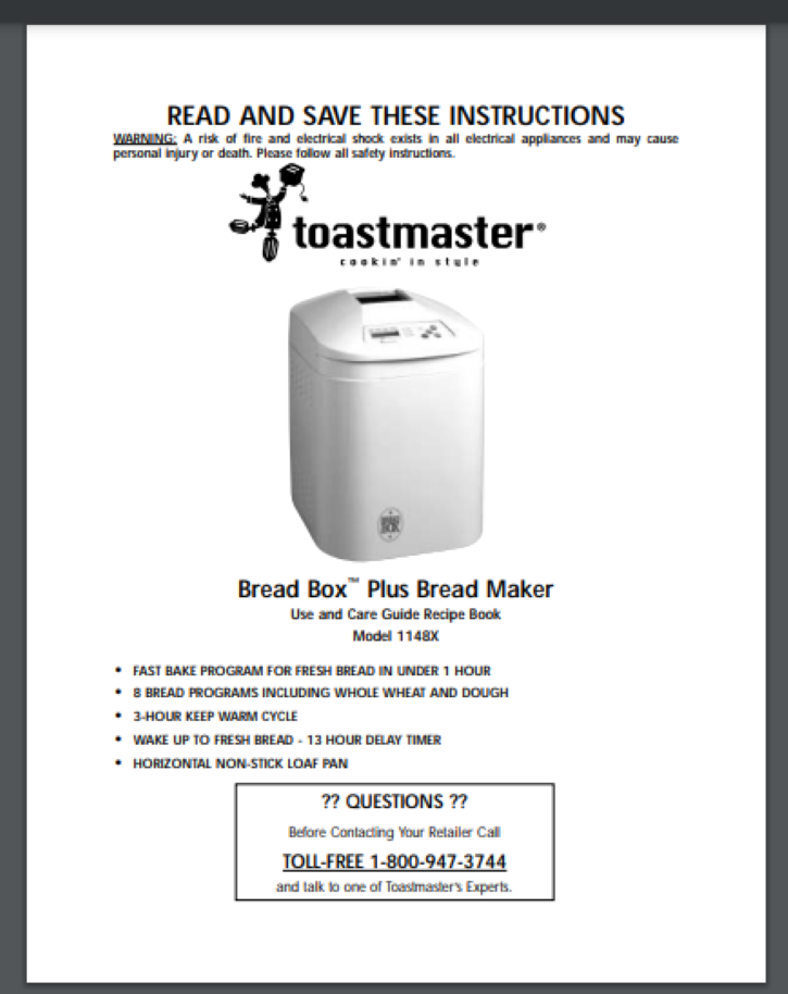 Toastmaster Bread Maker Machine 1148X Owner Recipe manual (Only!) 65 ...
