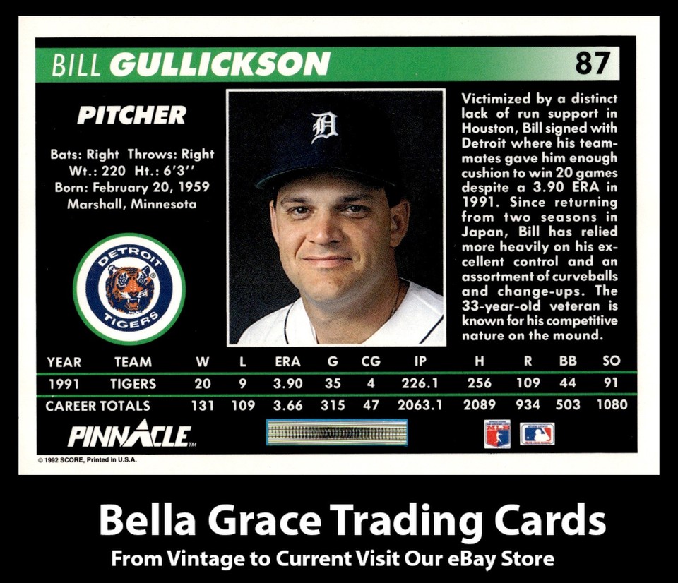 1992 Pinnacle Bill Gullickson #87 Detroit Tigers MLB Baseball | eBay