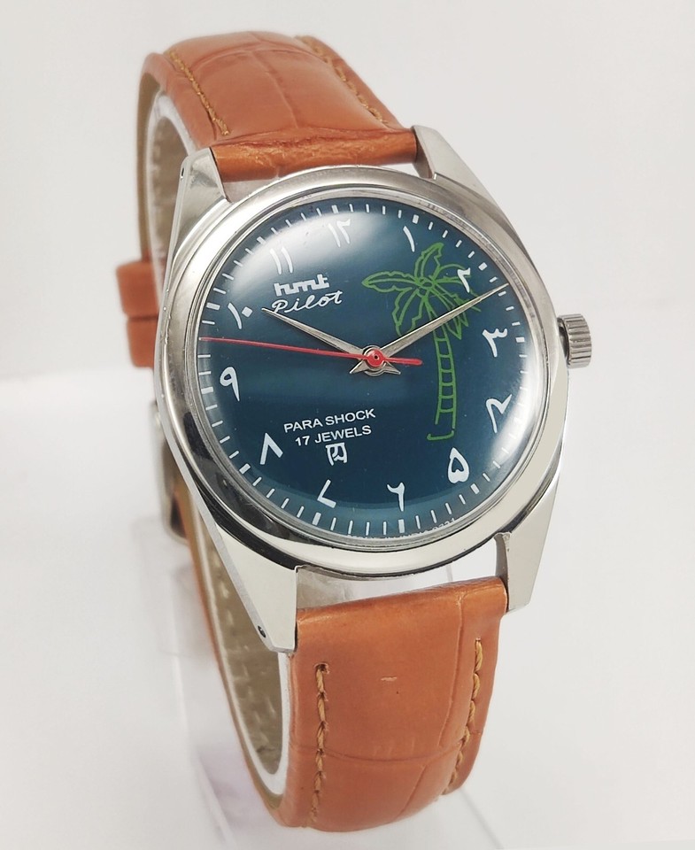 HMT Pilot Green Arabic Dial 17 Jewels Mechanical Hand Winding Men's ...