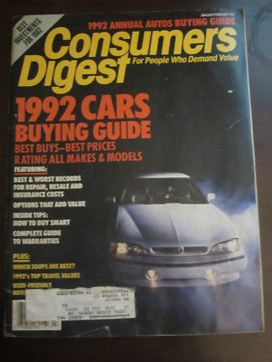 Consumers Digest Magazine Jan Feb 1992 Cars Buying Guide (Y6) | eBay