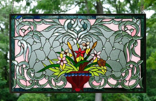Tiffany Style stained glass window panel glass panel Flowers 34.5" x 20 ...