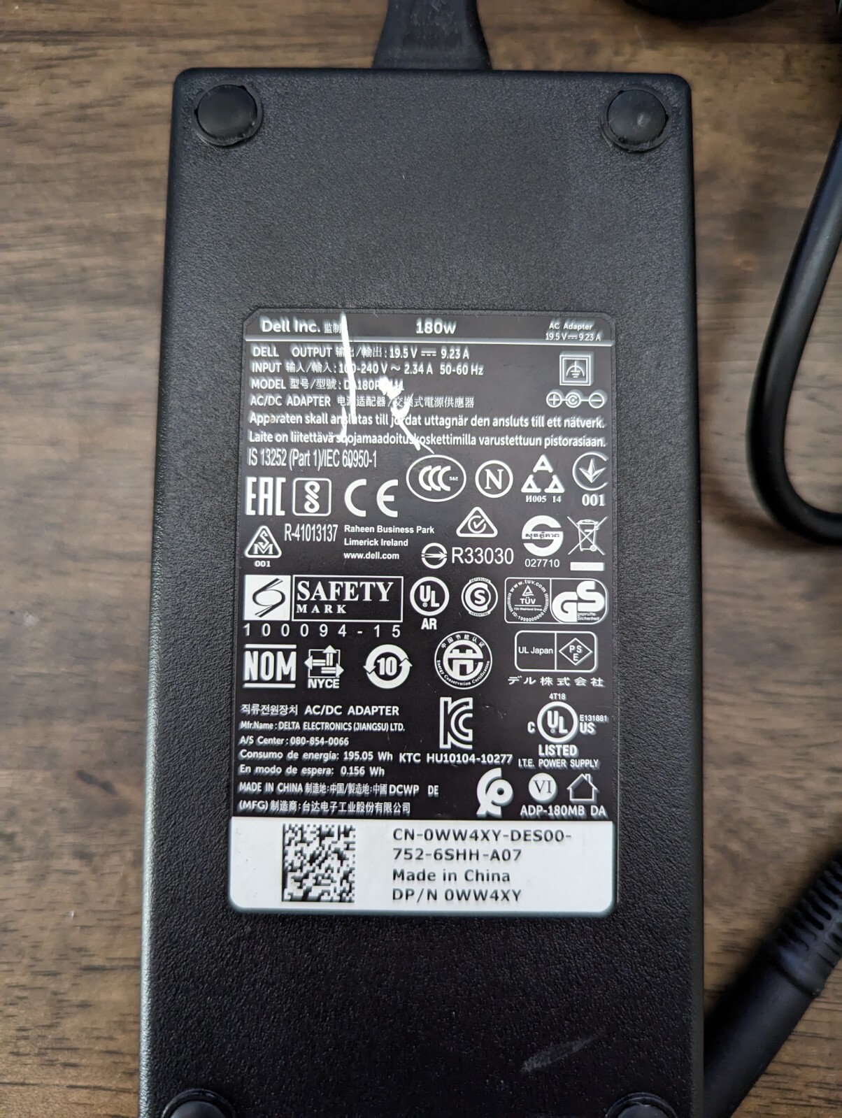 Genuine DELL 180W 19.5V 0WW4XY DA180pm111 Laptop AC Adapter Power ...