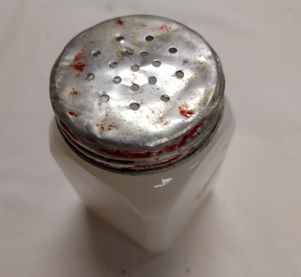vintage Salt shaker lid style milk glass jar, red lid, sailboat artwork ...