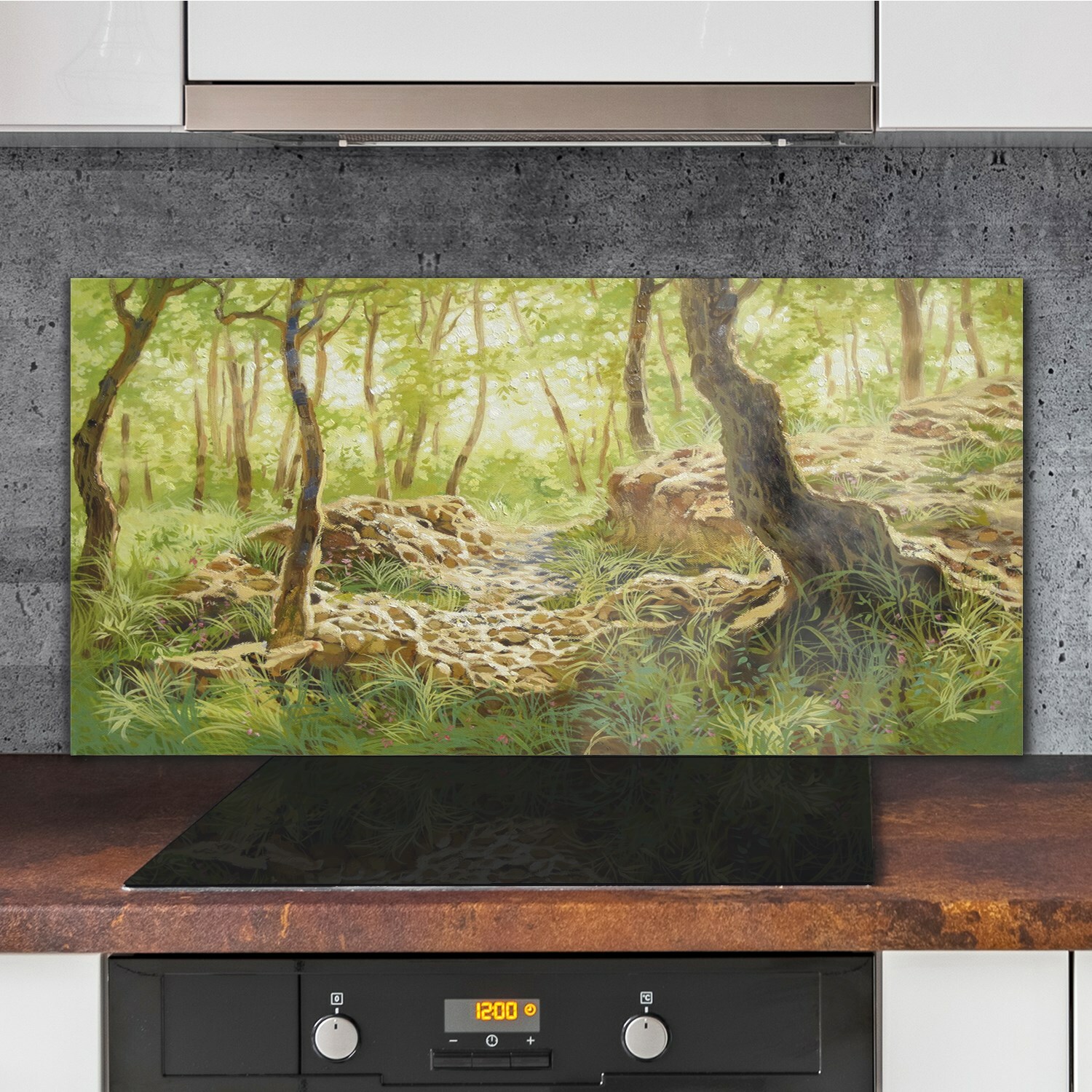 Painting Forest Trees Rocks Nature Kitchen Printed Splashback Glass ...