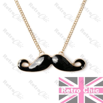 BIG KITSCH italian tash CURLY MOUSTACHE mustache NECKLACE gold black ...