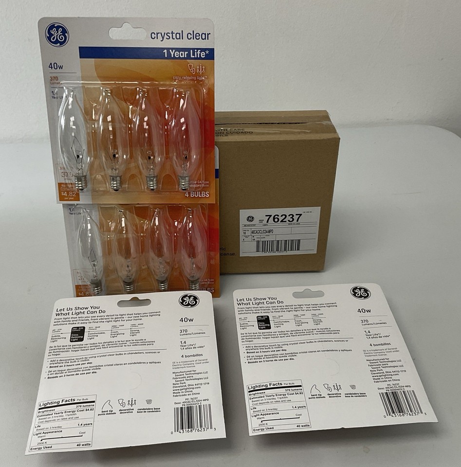 GE 40 Watt Crystal Clear Bent Tip CA-Type Light Bulbs w/Candelabra Base ...