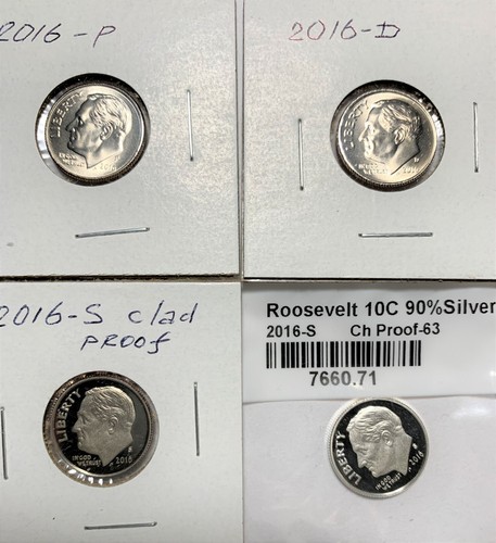2016 Roosevelt Dime Lot 4 Coins. Mint P &D Unc. Mint S proof & S silver ...