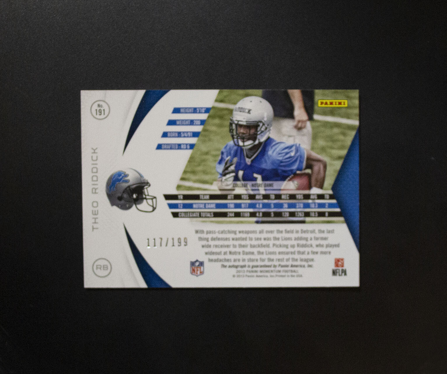 2013 Momentum Theo Riddick Rookie Autograph 117/199 Detroit Lions Card ...