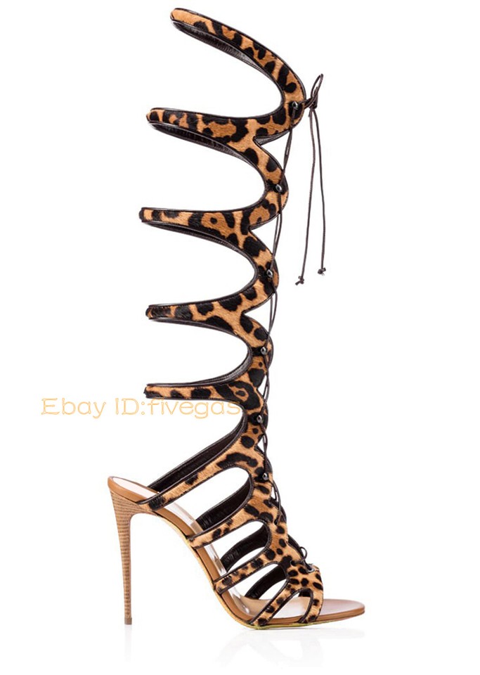 Womens Summer Roman Lace Up Pointed Toes Boots Leopard Print High Heels ...