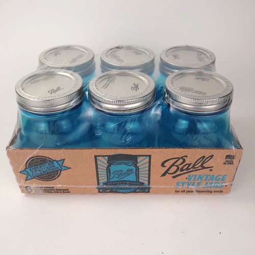 6 New Blue 100th Anniversary Vintage Style Pint Ball Mason Jars ...