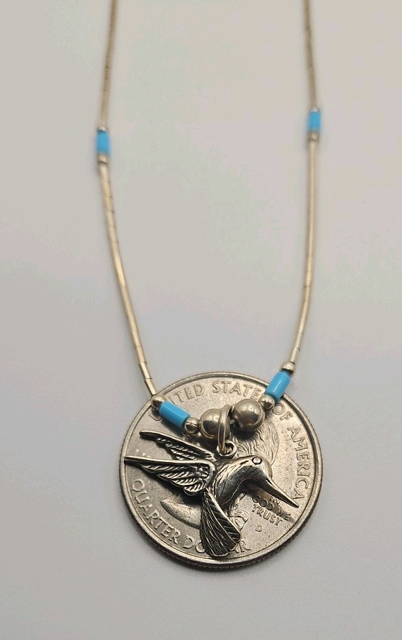 Liquid Silver Hummingbird Necklace w Turquoise Beads Sterling Signed ...