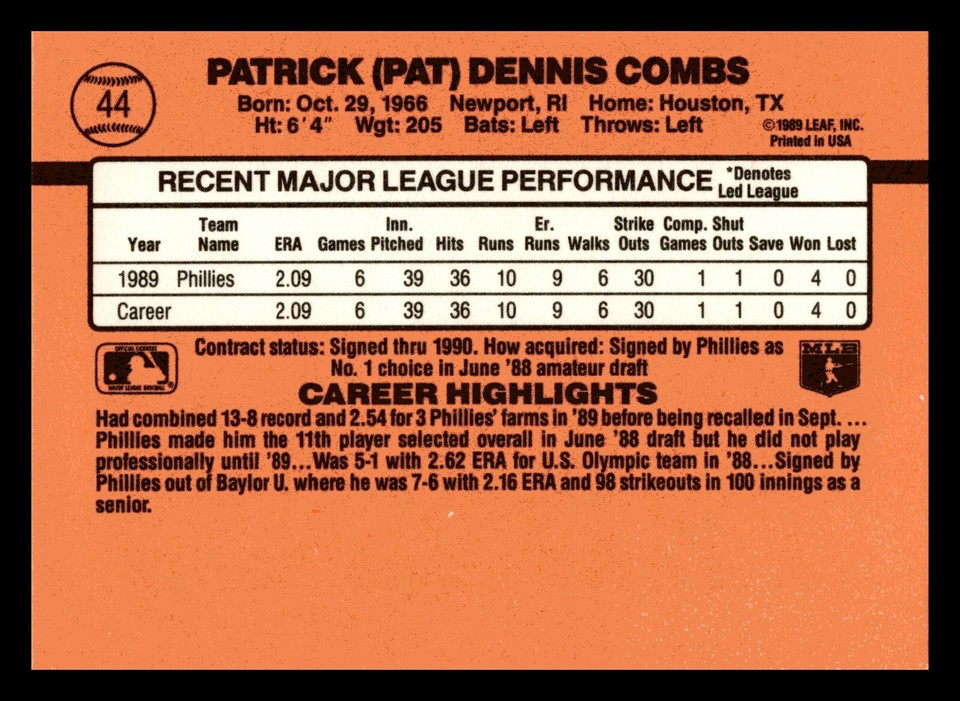 1990 Donruss Pat Combs Rated Rookie RC Philadelphia Phillies #44 ...