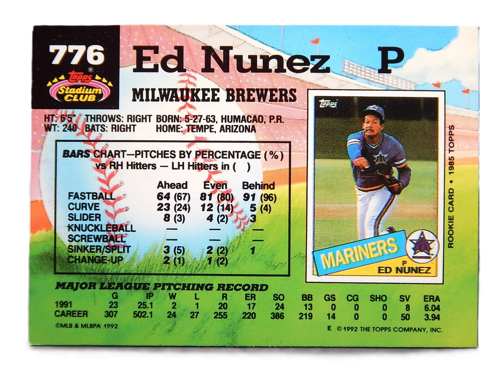 Ed Nunez #776 Topps Stadium Club 1992 Baseball Card (Milwaukee Brewers) LN | eBay