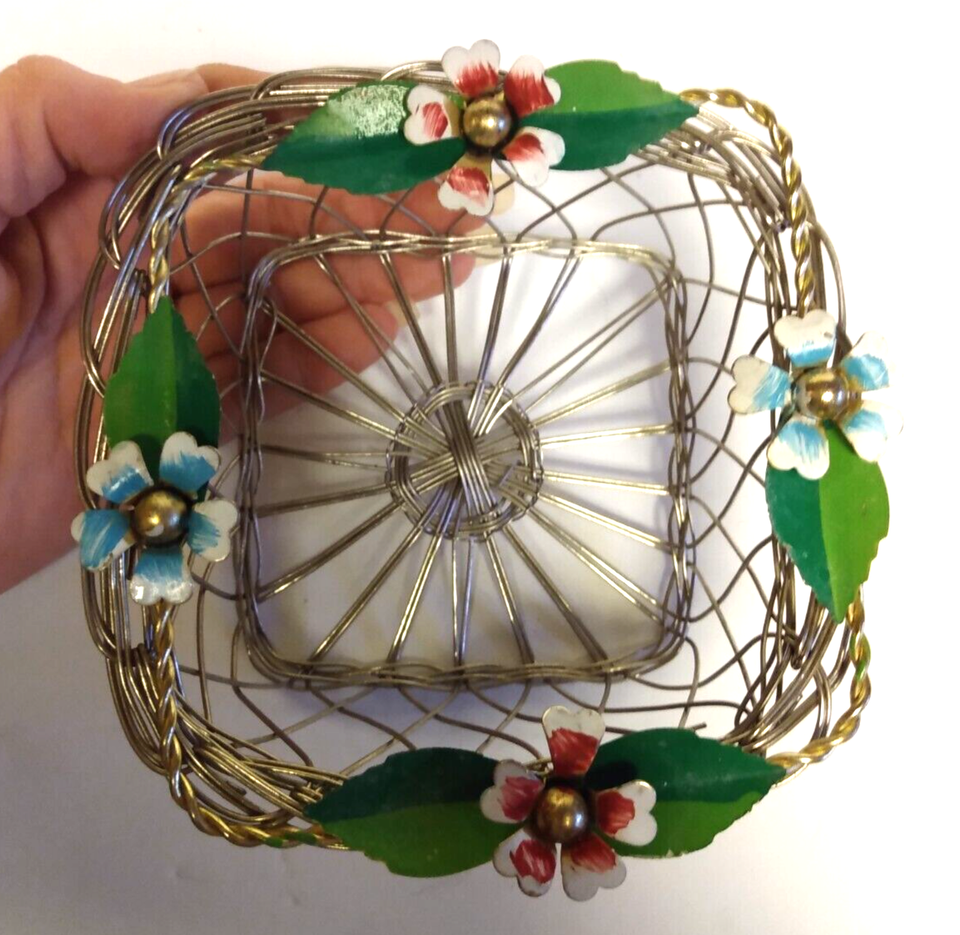Vintage Silver Metal Woven 5" Square Basket with Enamel Tole Flowers | eBay