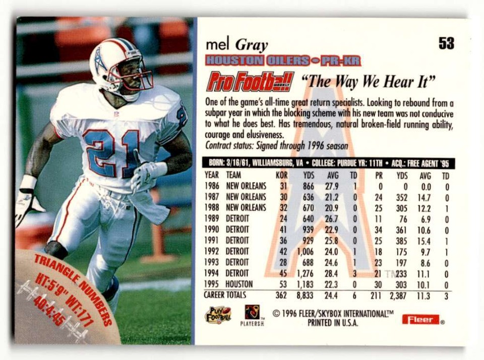 1996 Fleer #53 Mel Gray Houston Oilers Football Cards NM Near Mint ID ...