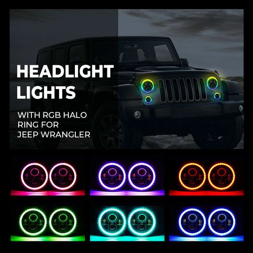 Pair 7" Inch RGB LED Headlights Halo Angel Eyes For Jeep Wrangler JK LJ ...