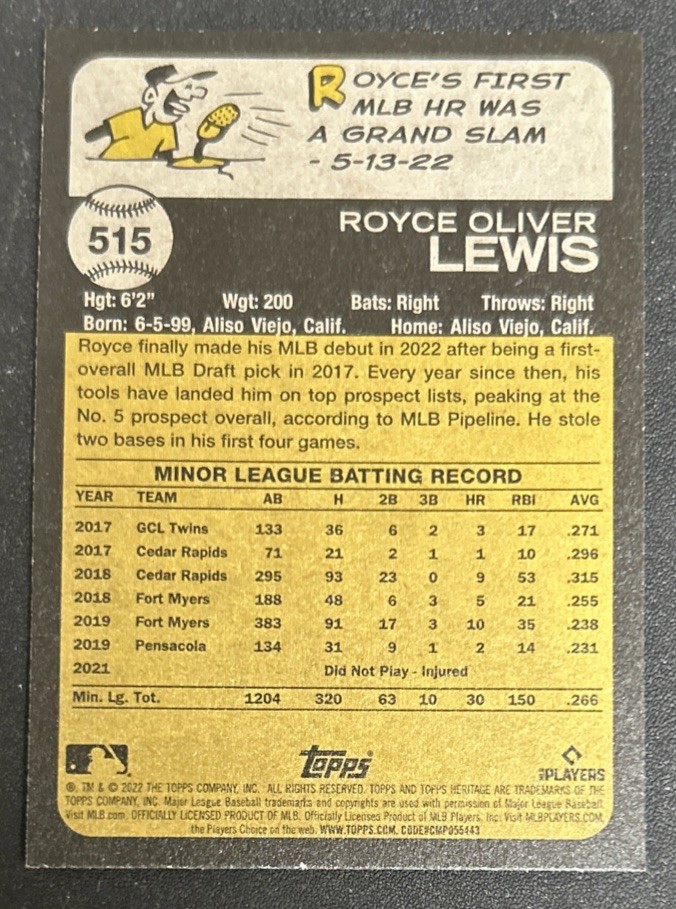 2022 Topps Heritage High Number Royce Lewis Rookie Card RC #515 Twins ...