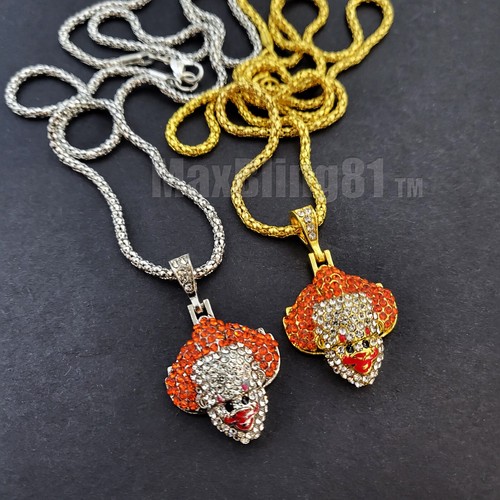 Iced Gold Plated Cubic Zirconia Mini Clown Pendant & Rolo Chain Hip Hop ...