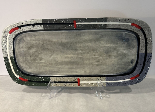 J CHANEY Rectangular Ceramic Platter ~ Grey, Green, White & Red Design ...