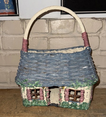Large Vintage Hand Painted Wicker House Shaped Basket Whimsical Cottage ...