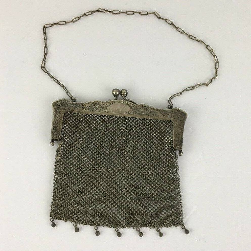Antique Signed German Silver Mesh Purse Bag Ornate Fr… - Gem