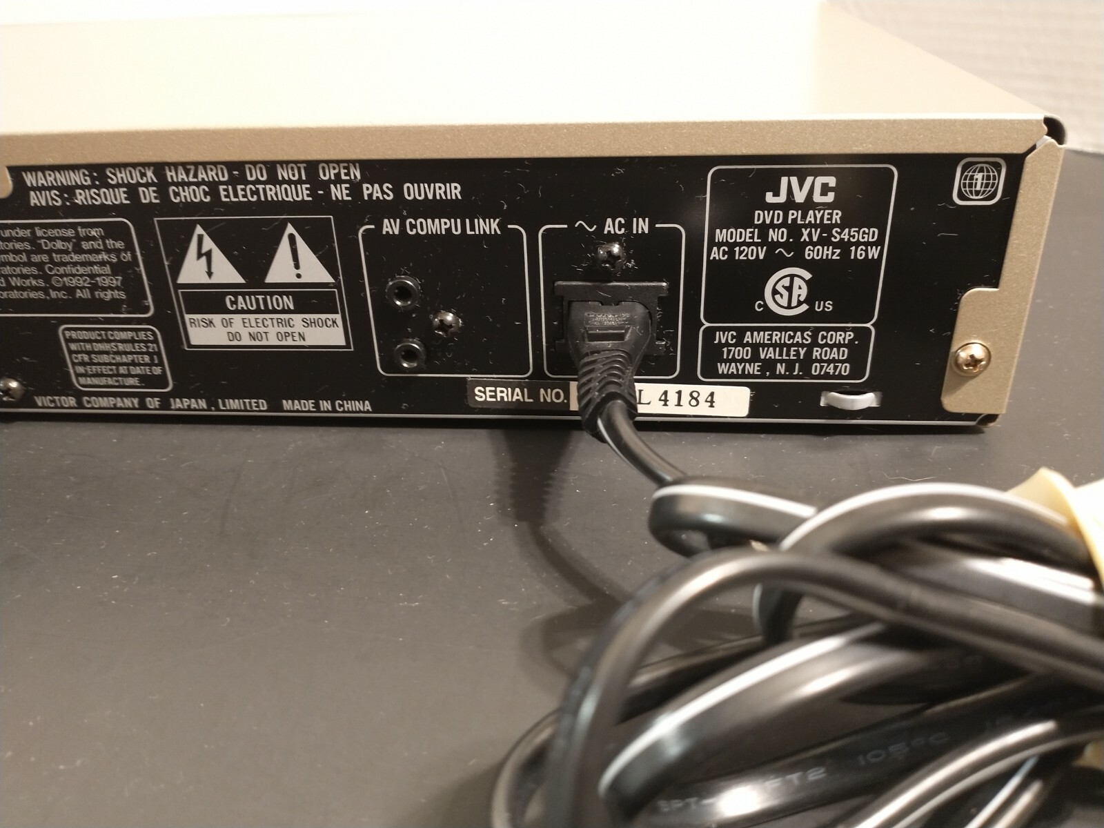 JVC XV-S45 DVD / VIDEO CD / CD-R DOLBY DIGITAL DTS 3D PHONIC AV COMPU ...