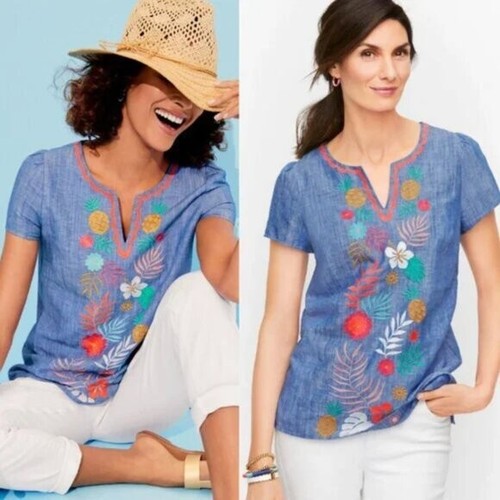 TALBOTS Linen Blend Embroidered Split Neck Top Blue Short Sleeves Size XLP | eBay