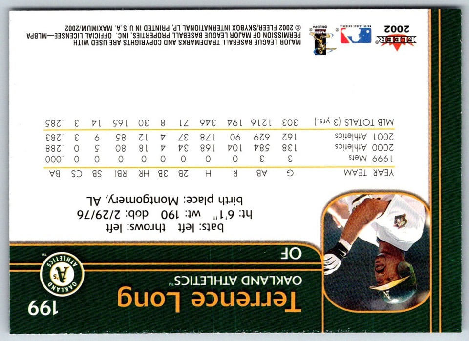 2002 Fleer Maximum Terrence Long #199 Oakland Athletics Baseball Card ...