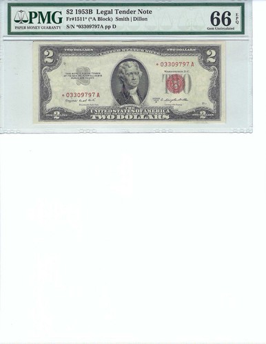 1953 $2 Legal Tender FR1511* PMG 66 EPQ, Red Seal * Note S/N *03309797A ...