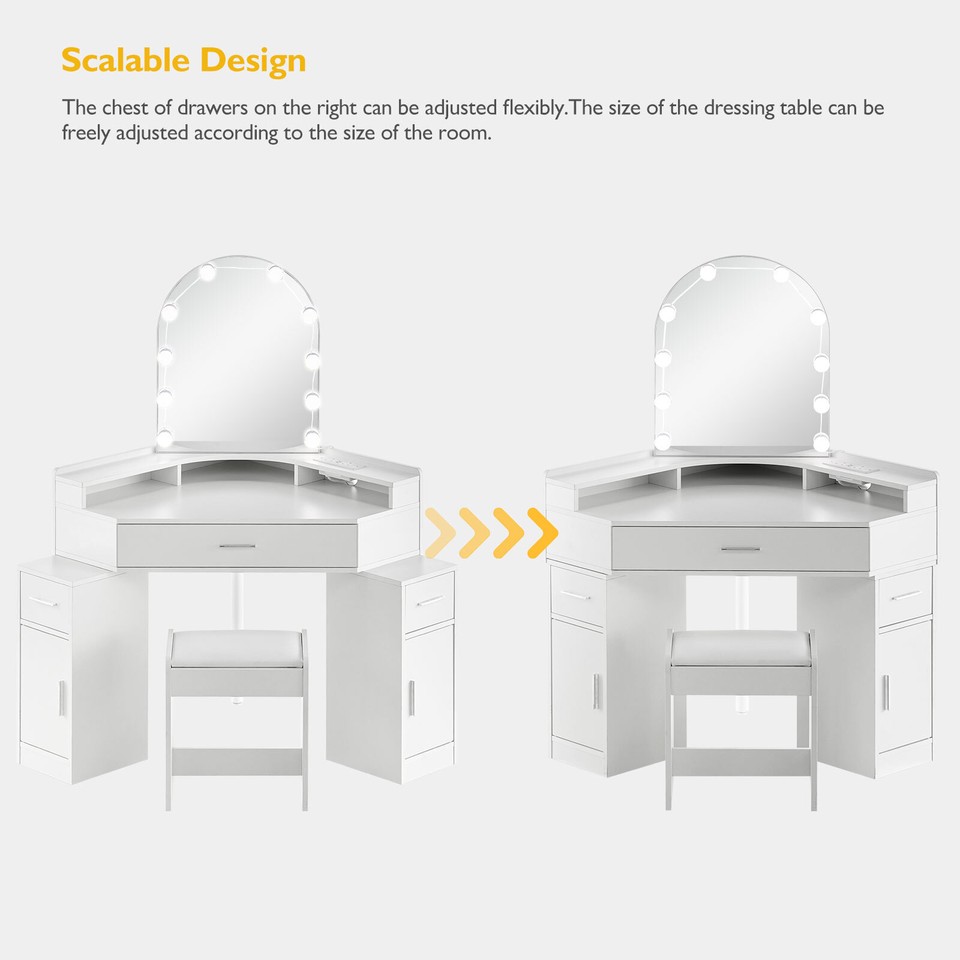 Corner Dressing Table with LED Lights Arch Mirror Vanity Make up Desk ...