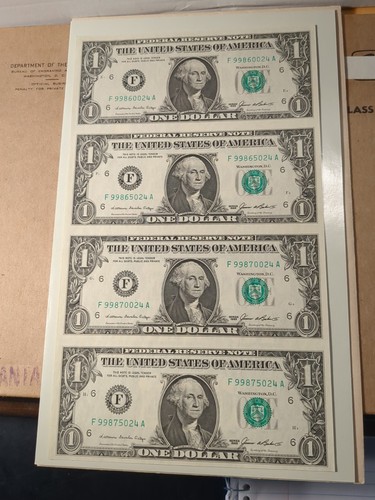 1985 Uncut Sheet Of 4 $1.00 One Dollar Bills Collector Edition | eBay
