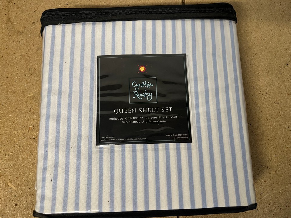 Cynthia Rowley Striped QUEEN Size Sheet Set Blue & White Stripe ...