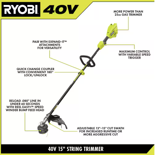 RYOBI 40V 15 in. Expand-It Cordless Battery Attachment Capable String ...