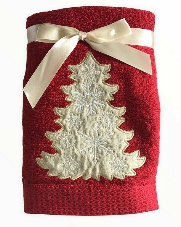 Christmas Tree Hand Towels Snowflake Appliqued Holiday Embroidered Red ...