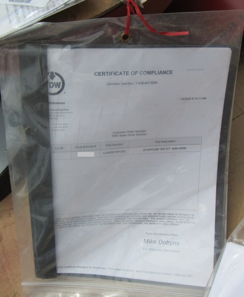 NEW TD Williamson TDW 6" Stopple Tee Kit w/Certificate LOCK-O-RING Plug ...