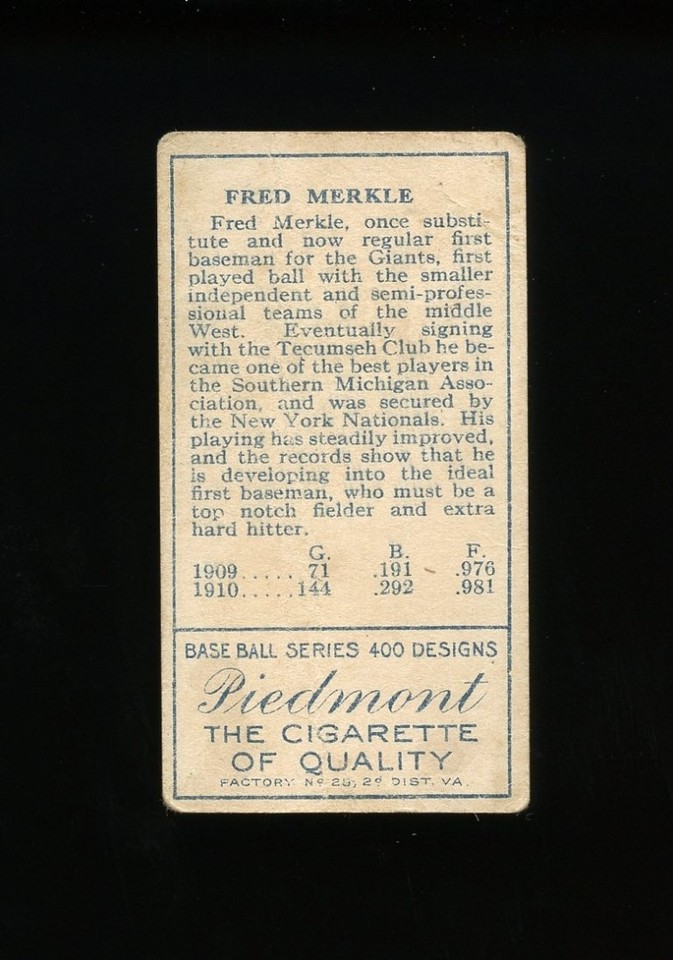 1911 T205 Gold Border Set-Break Fred Merkle Piedmont LOW GRADE (crease ...