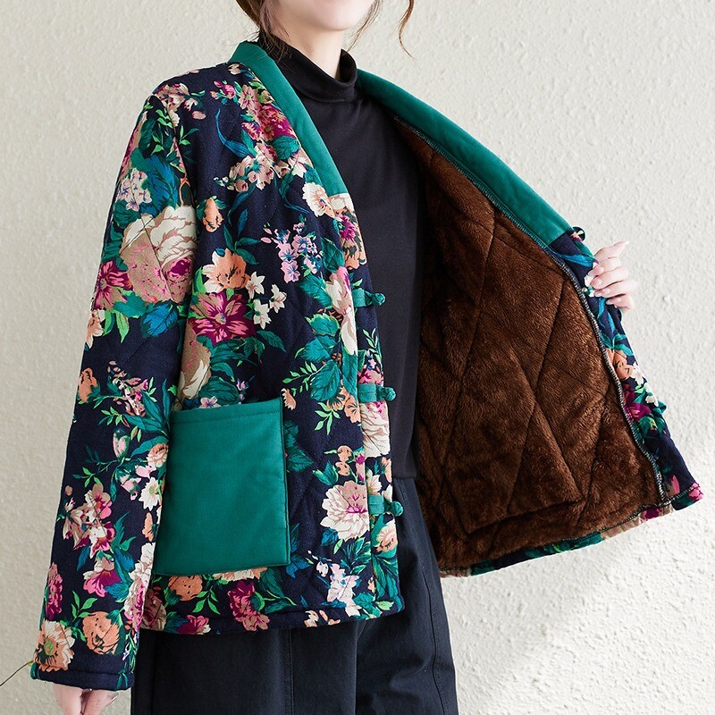 Ladies Chinese Flower Padded Jacket Fleece Lined Thermal Coat Ethnic ...
